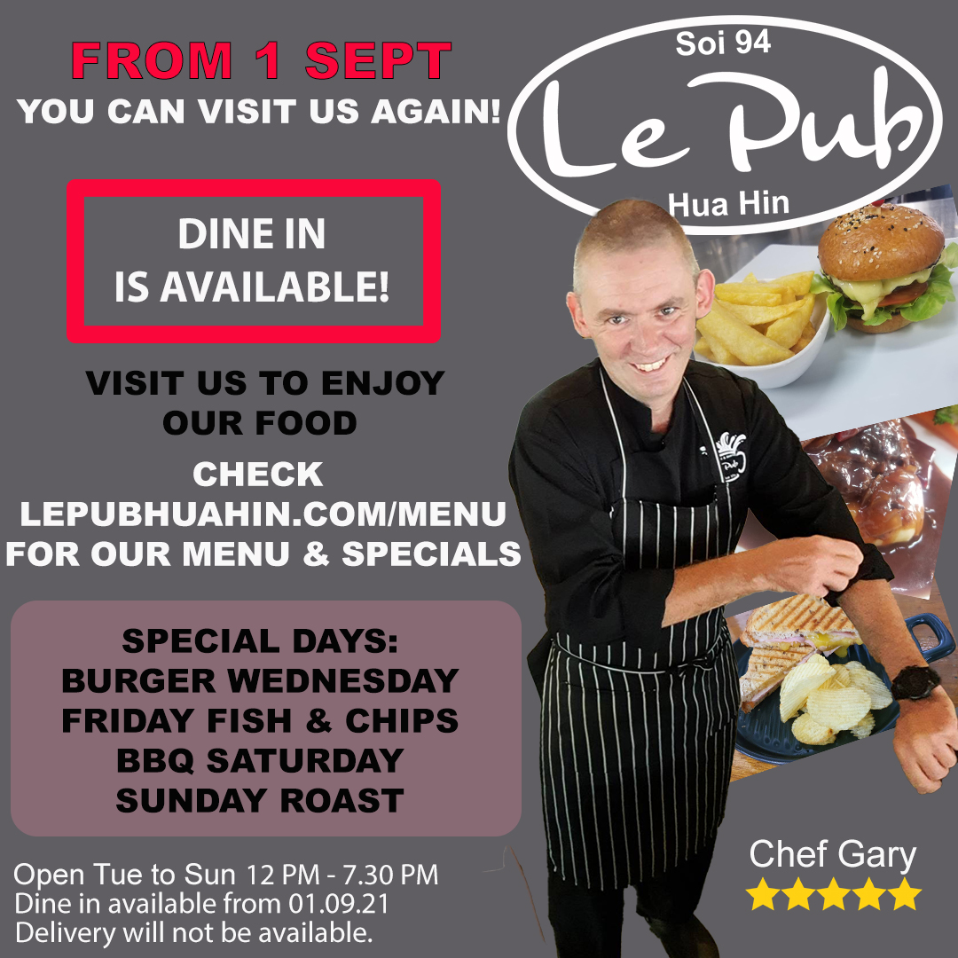 DINE IN IS AVAILABLE AGAIN FROM 1 SEPTEMBER - Le Pub Hua Hin ⭐⭐⭐⭐⭐